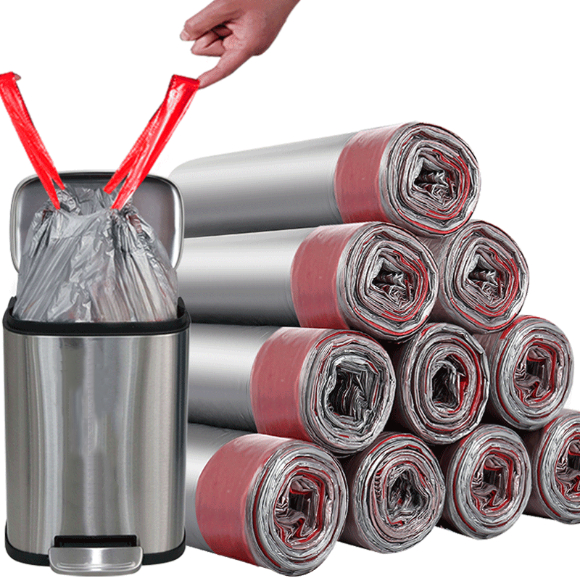 Biodegradable plastic drawstring garbage bags on roll