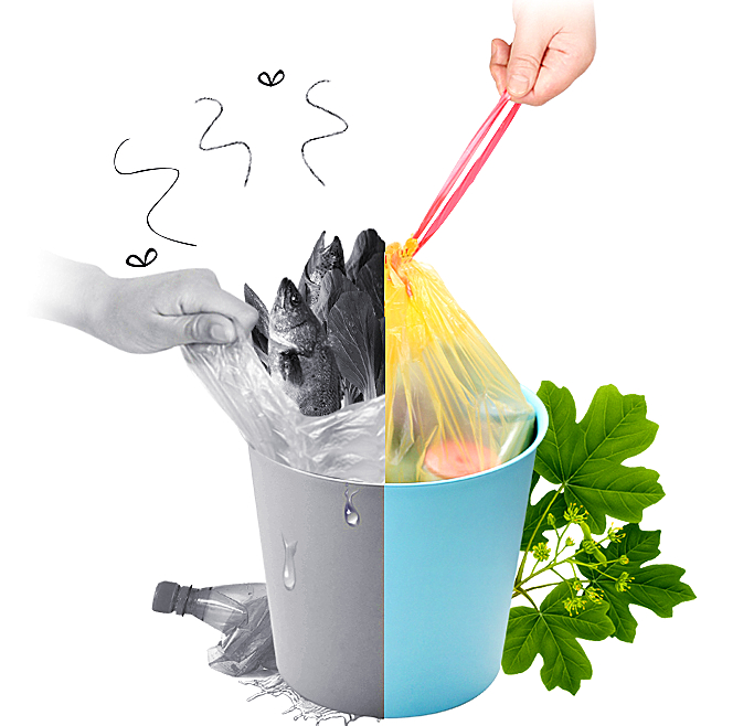 Biodegradable plastic drawstring garbage bags on roll